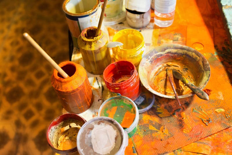 Paints and Brushes in the Workplace Stock Photo - Image of colorful ...