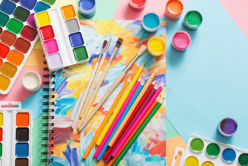 Paints, Pencils and Brushes on Paper Stock Photo - Image of artistic ...