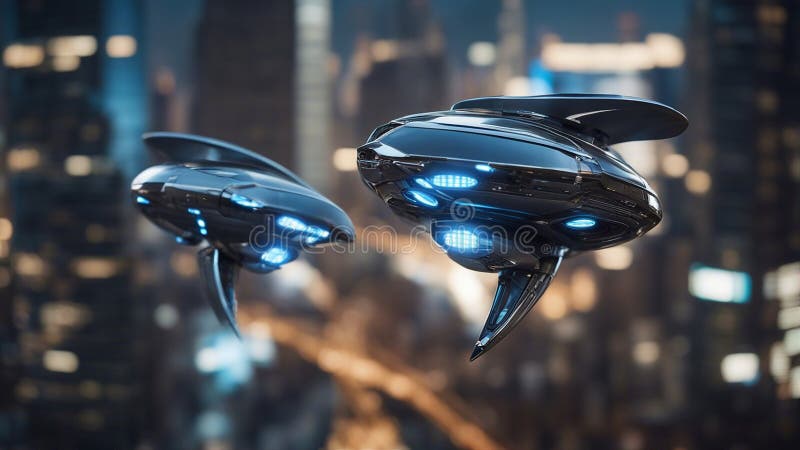 _A Pair of Alien Spaceships with a Silver and Blue Hull and Curved ...