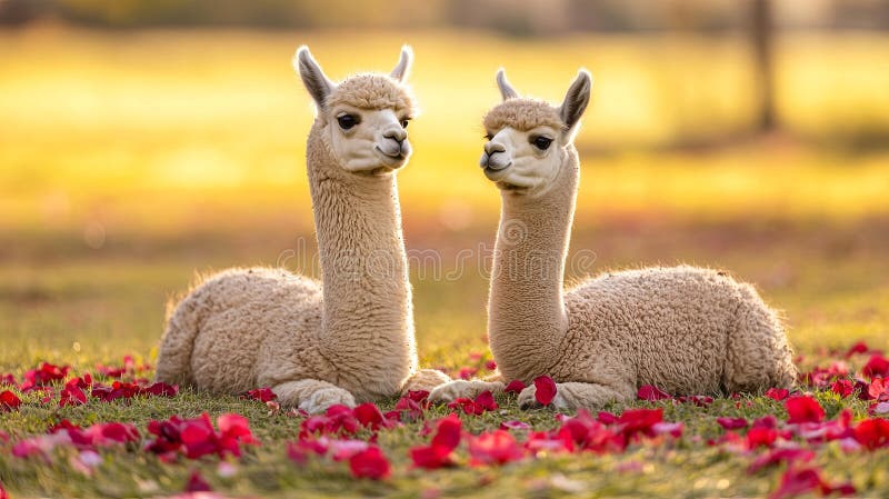 A Pair of Alpacas Sitting in a Field Surrounded by Scattered Rose Stock ...