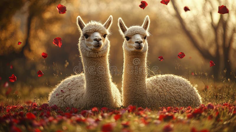 A Pair of Alpacas Sitting in a Field Surrounded by Scattered Rose Stock ...