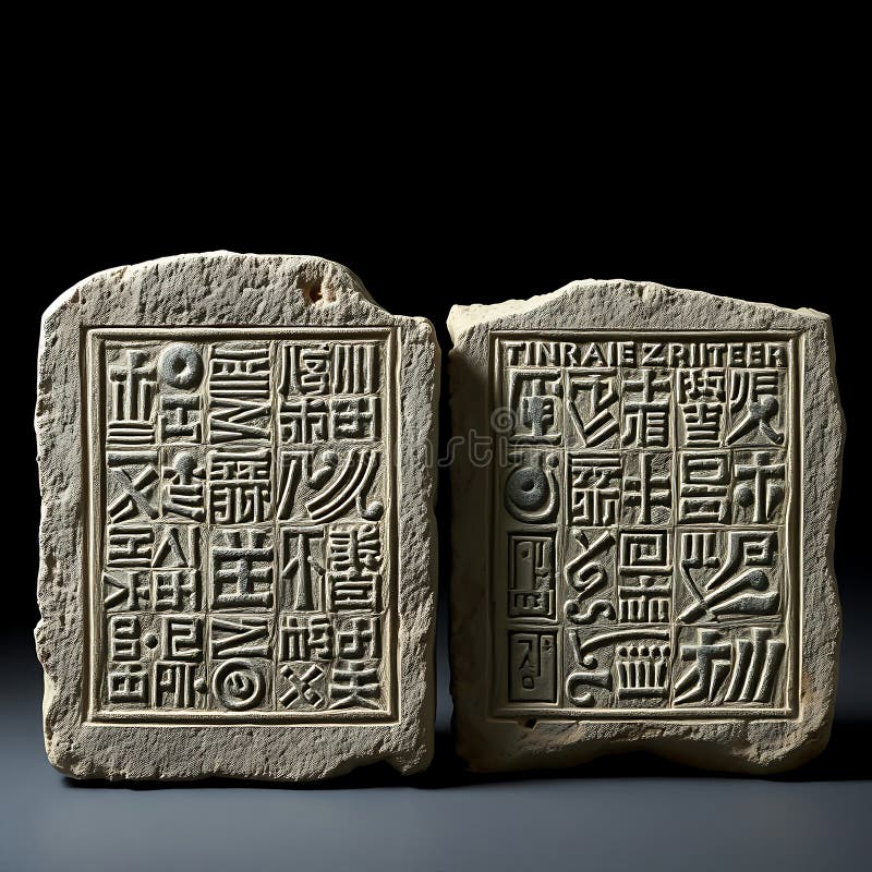 A Pair of Ancient Stone Tablets Covered in Mysterious Symbols Stock ...