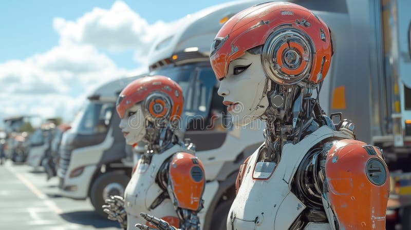 A Pair of Android Robots with a Woman S Face Stand in Front of Trucks ...
