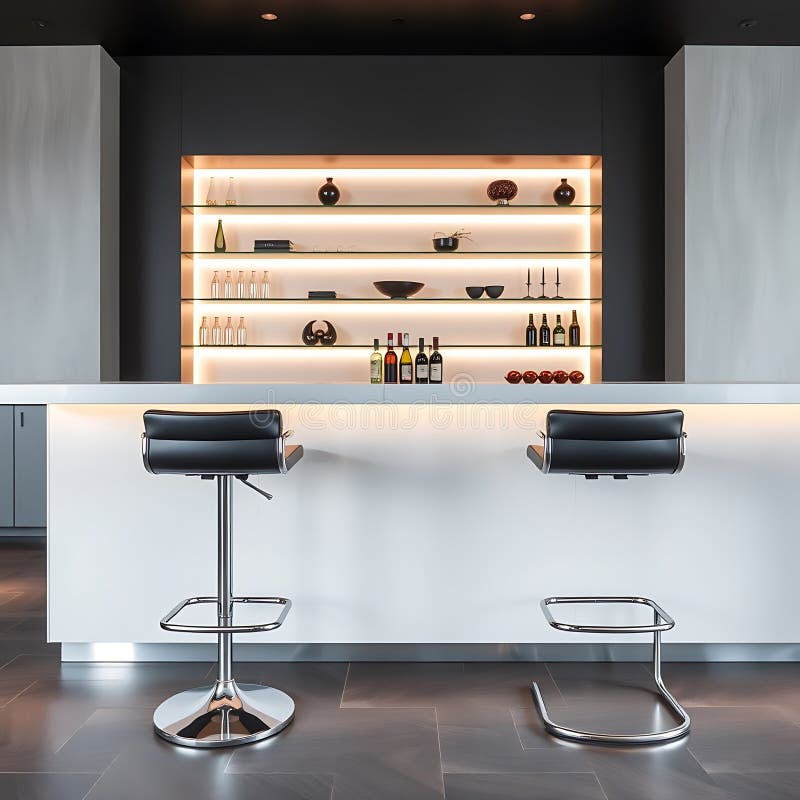 A Pair of Bar Stools with Chrome Frames and Black Leather Seats Set at ...