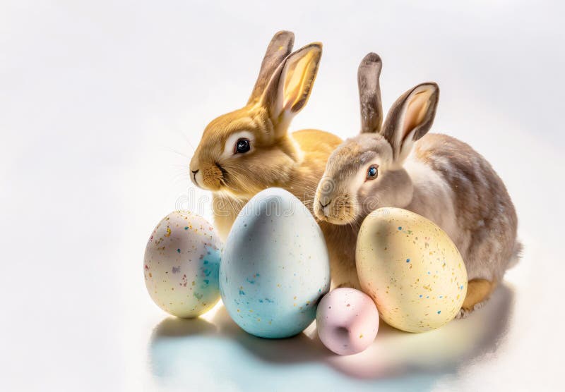 Pair of Beautiful Bunnies with Heap of Pastel Colored Easter Eggs on ...