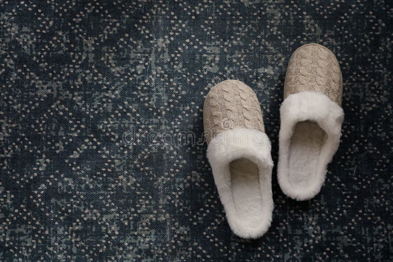 Pair of Beautiful Soft Slippers on Carpet, Top View. Space for Text ...