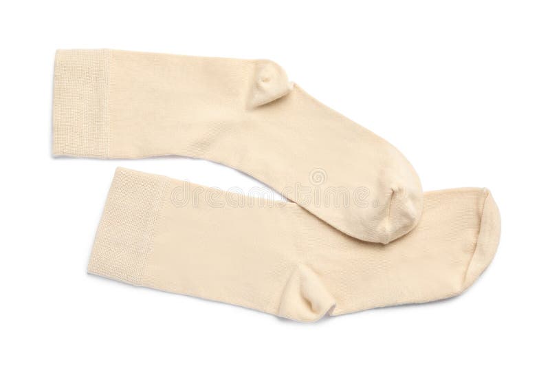 Pair of Beige Socks on White Background, Top View Stock Photo - Image ...