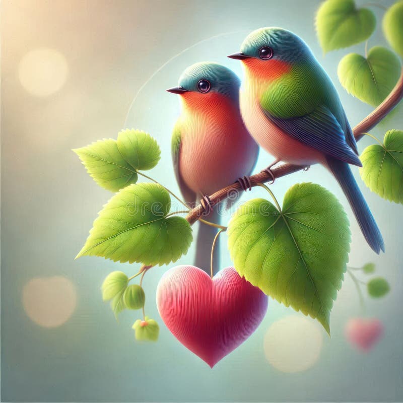 A Pair of Birds on a Branch with a Heart. Stock Image - Image of ...