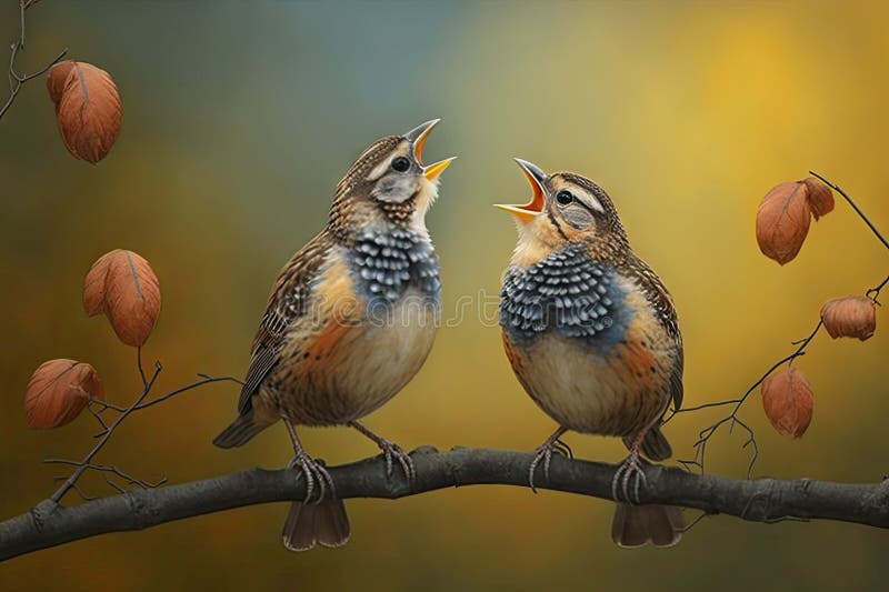 Pair of Birds Perched on Tree Branch, Singing in Unison Stock ...