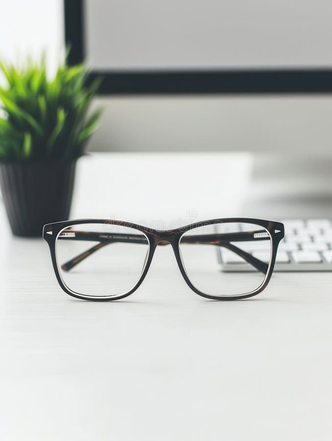 A Pair of Black Eyeglasses with Clear Lenses Rests on a White Desk, a ...