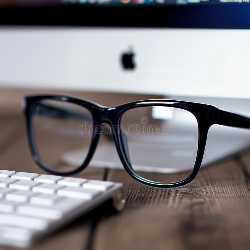 A Pair of Black Eyeglasses Rests on a Wooden Desk in Front of a ...