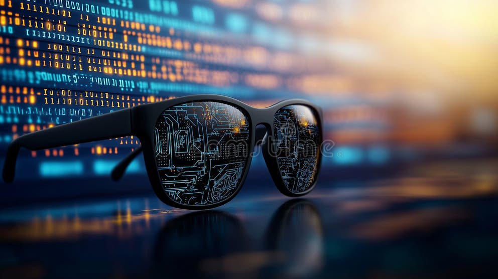 Pair of Black Glasses Reflecting Circuit Board Patterns and Digital Data Background Features ...