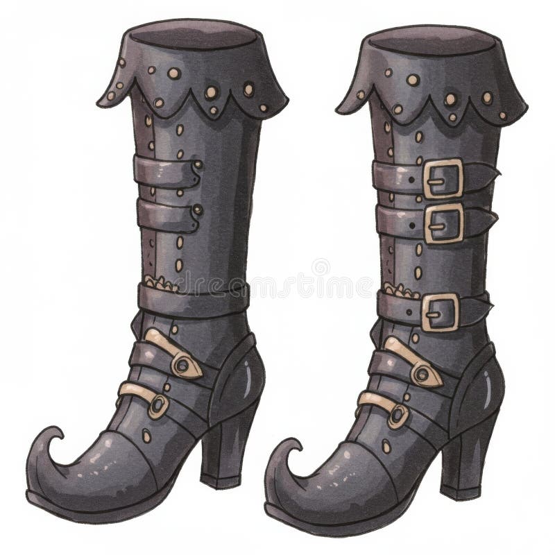 Pair of Black Leather Witch Boots with Buckles Stock Illustration ...