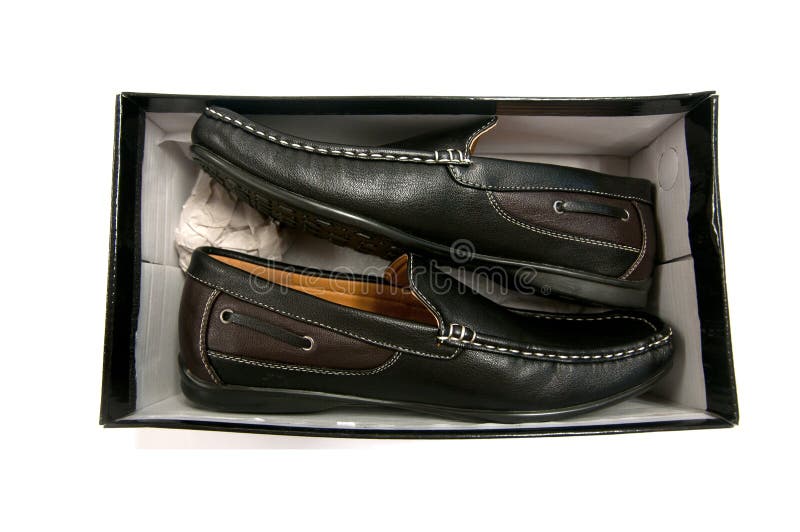 Pair of Black Male Shoes in Box Isolated Stock Image - Image of ...