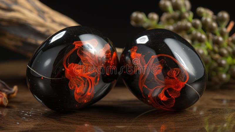 A Pair of Black and Red Marbles Sitting on Top of a Table Stock ...