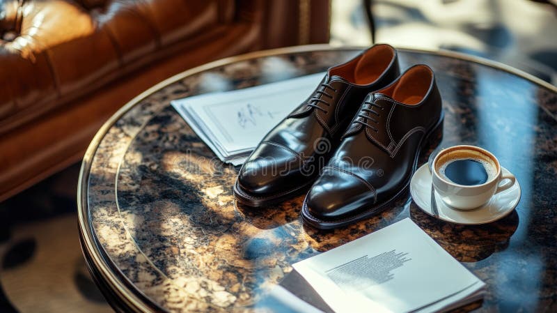 A Pair of Black Shoes and a Cup of Coffee Sit on a Table. Generative AI ...
