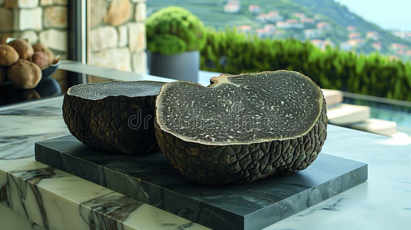 Pair of Black Truffle Pieces on Marble Cutting Board Stock Photo ...