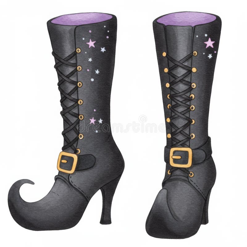 Pair of Black Witch Boots with Stars and Buckle Stock Illustration ...