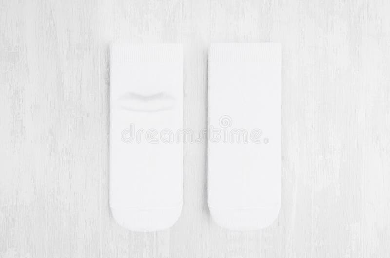 Pair Blank White Medium Socks Flat Lay on White Wood Board, Front View ...