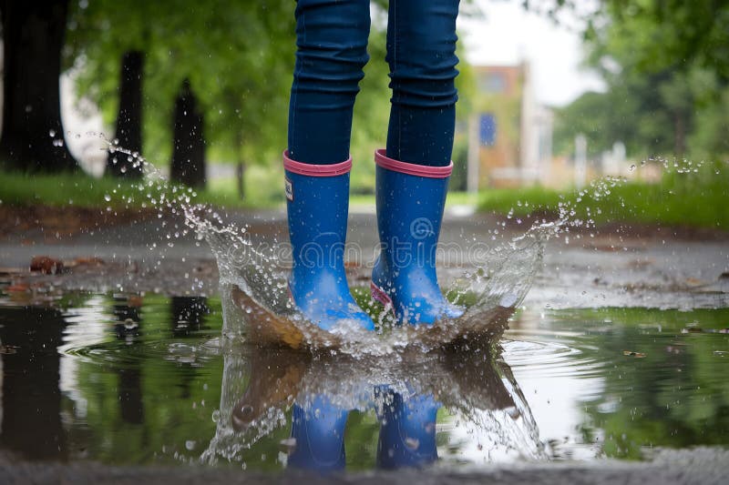 Blue Boots Splash into Puddle, Green Backdrop Captures Playful Outdoor ...
