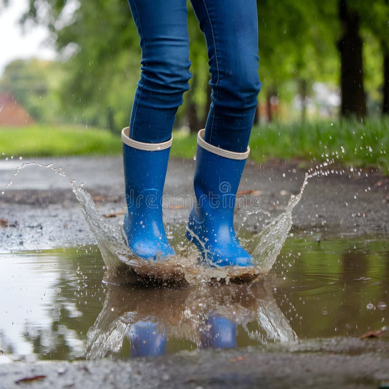 Blue Boots Splash into Puddle, Green Backdrop Captures Playful Outdoor ...