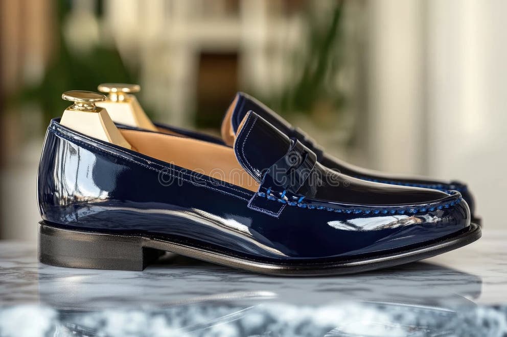 A Pair of Blue Shoes Sitting on a Marble Table, Ready for Use Stock ...