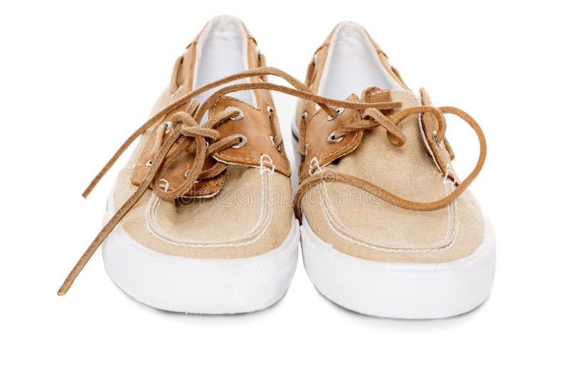 Pair of Boat Shoes Isolated on White Front View Stock Photo - Image of ...