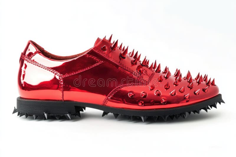 A Pair of Bold, Bright Red Spiked Shoes Sit on a Clean White Surface ...