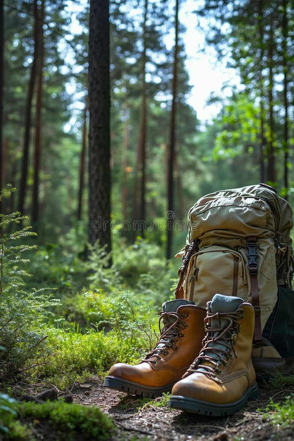 A Pair of Hiking Boots and a Backpack in the Woods Stock Photo - Image ...