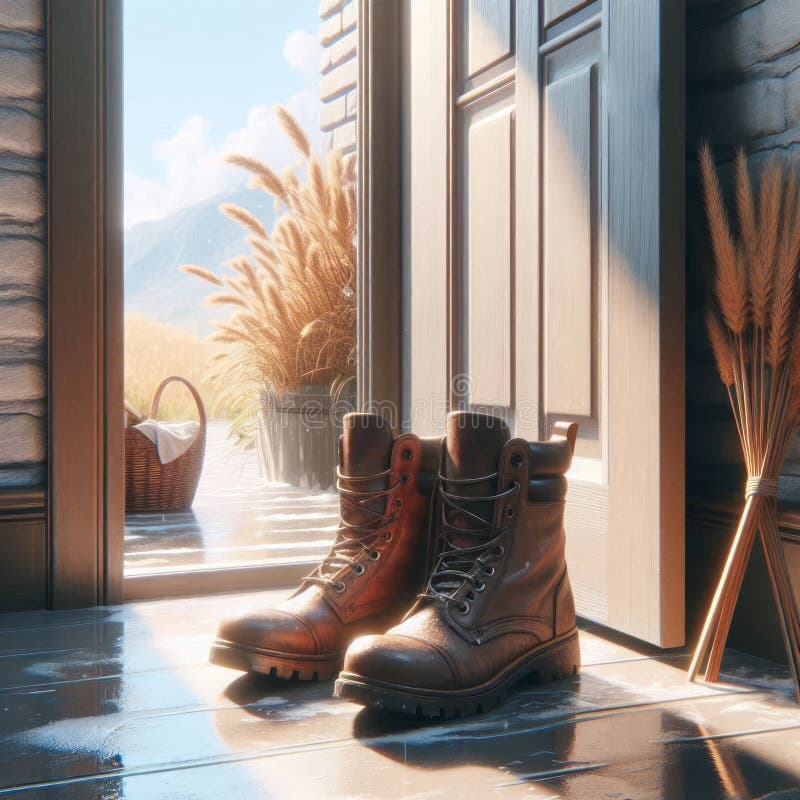 A Pair of Boots by the Open Door Overlooking the Field. Stock Image ...