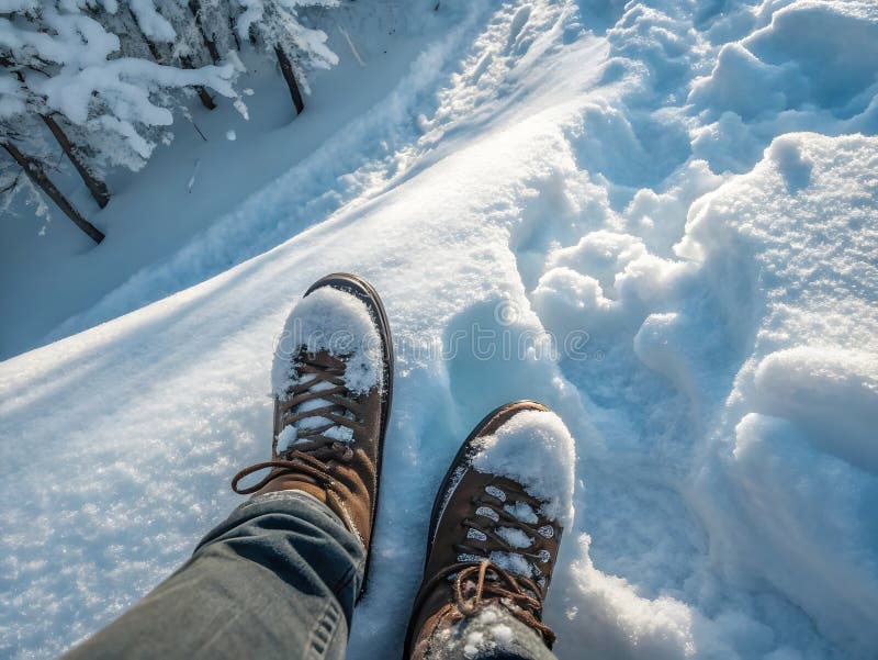 A Pair of Boots Standing on a Bed of Fresh, Powdery Snow from a Top ...