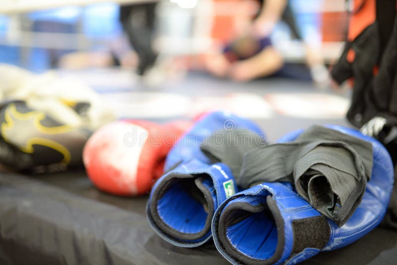 Pair of boxing blue gloves stock photo. Image of knock - 69066222