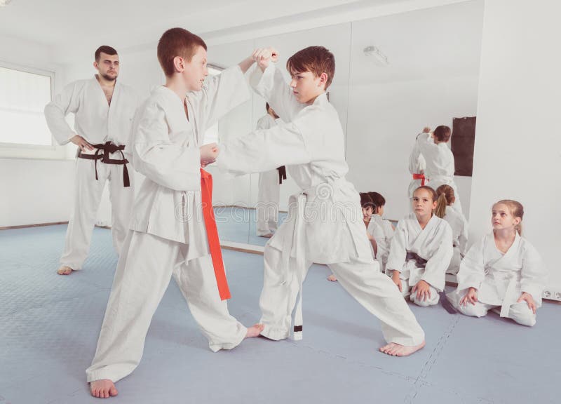 Pair of Boys Practicing New Karate Moves Stock Photo - Image of ...