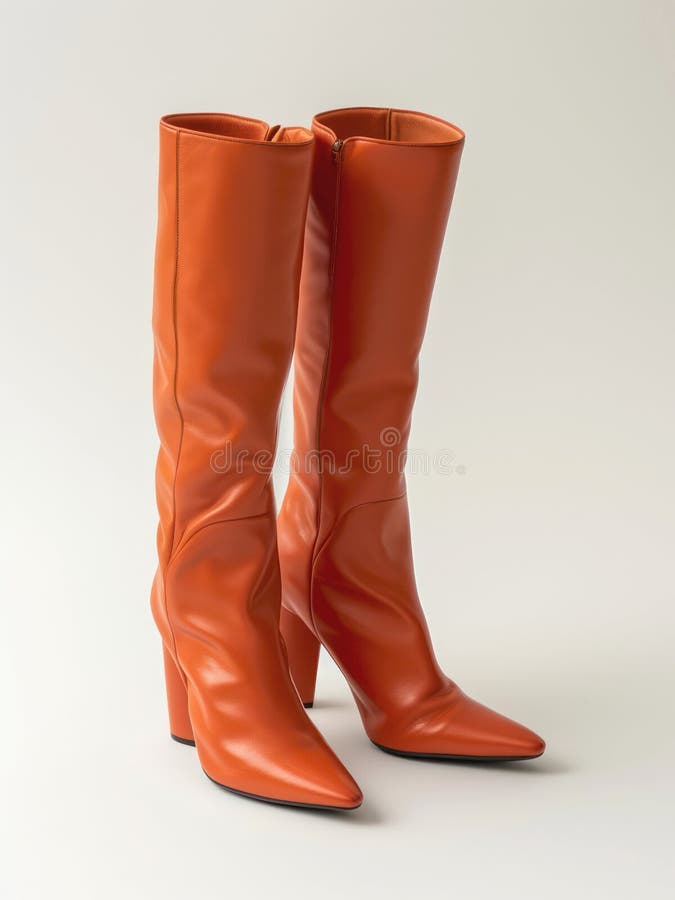 Bright Orange Leather Knee High Boots on White Background. Stock ...