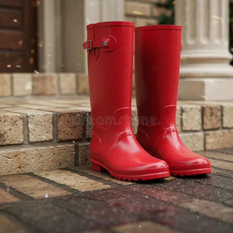 A Pair of Bright Red Rubber Rain Boots is Positioned on a Wet ...