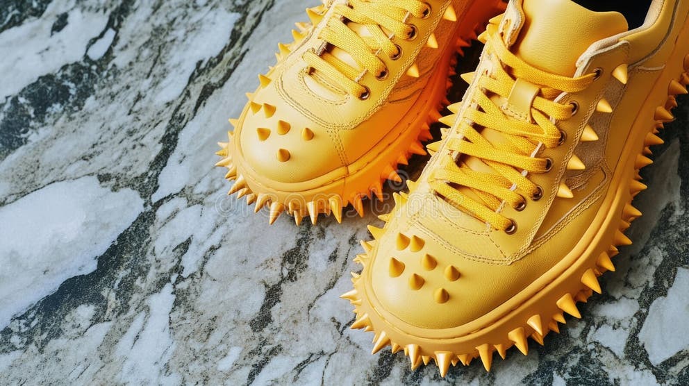 A Pair of Bright Yellow Shoes Featuring Sharp Spikes on the Sole Stock ...