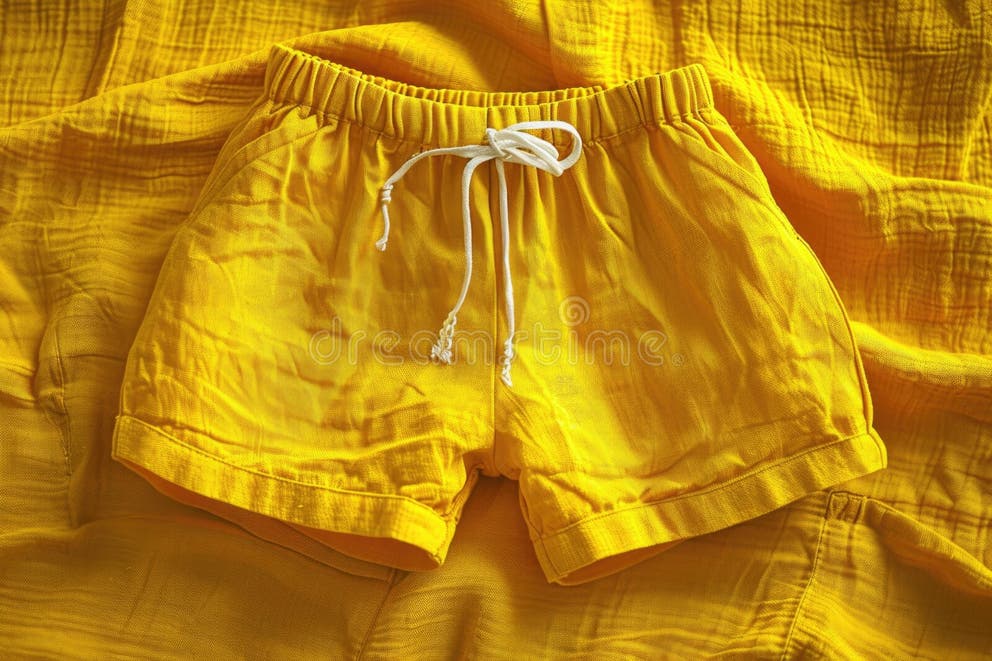 A Pair of Bright Yellow Shorts Lying on a Bed, Great for Adding a Pop ...