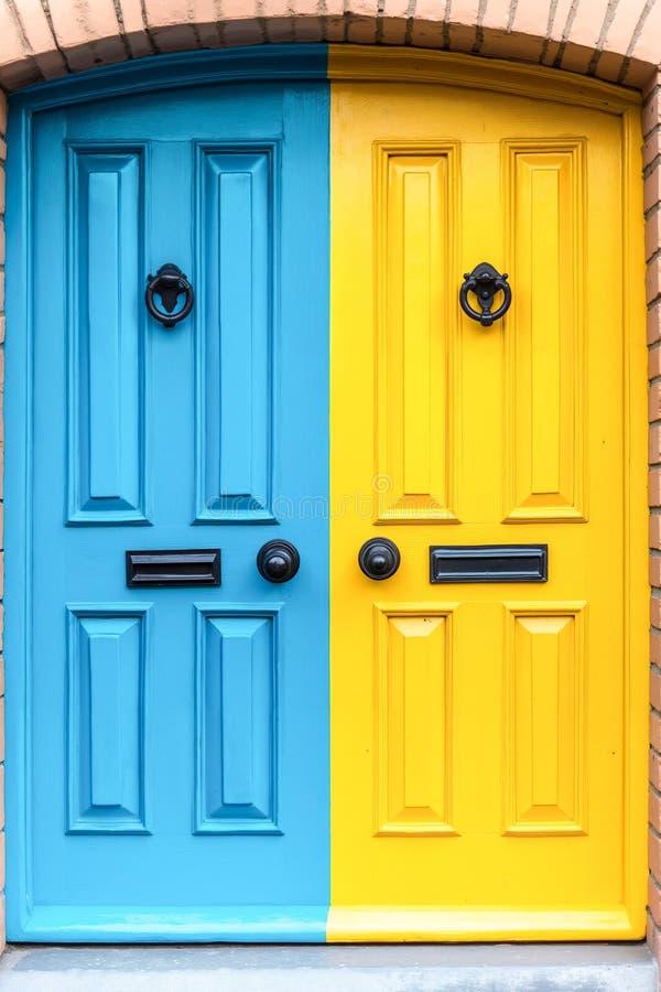 A Pair of Brightly Colored Doors on a Brick Building Stock Photo ...