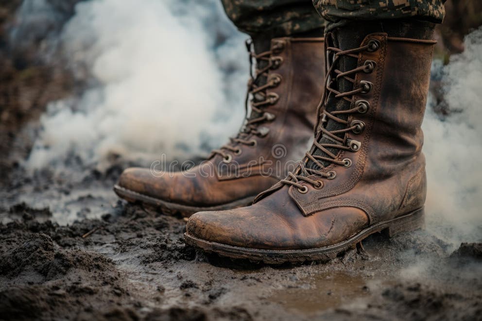 A Pair of Brown Boots Sits on Top of Muddy Ground Stock Image - Image ...
