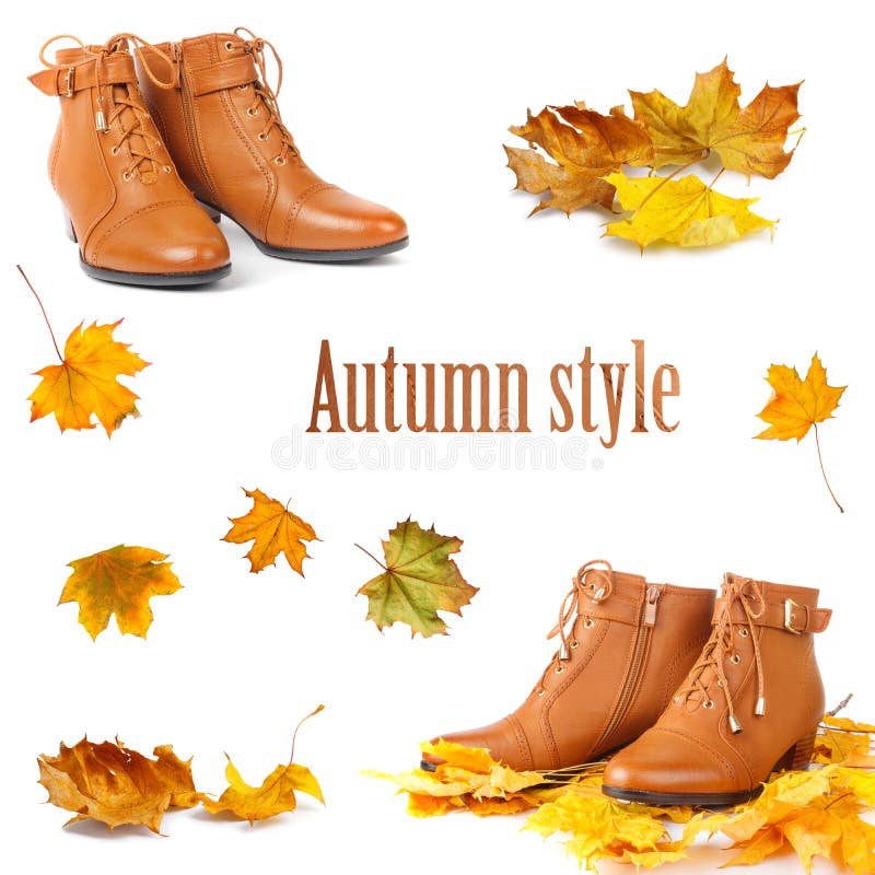 Pair of Brown Female Boots with Autumn Leaves Isolated on Background ...