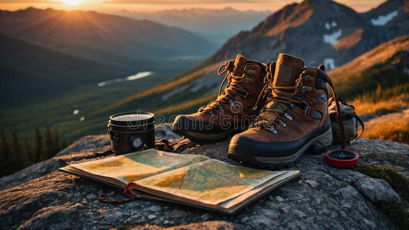 A Pair of Brown Hiking Boots are on Top of a Map Stock Illustration ...