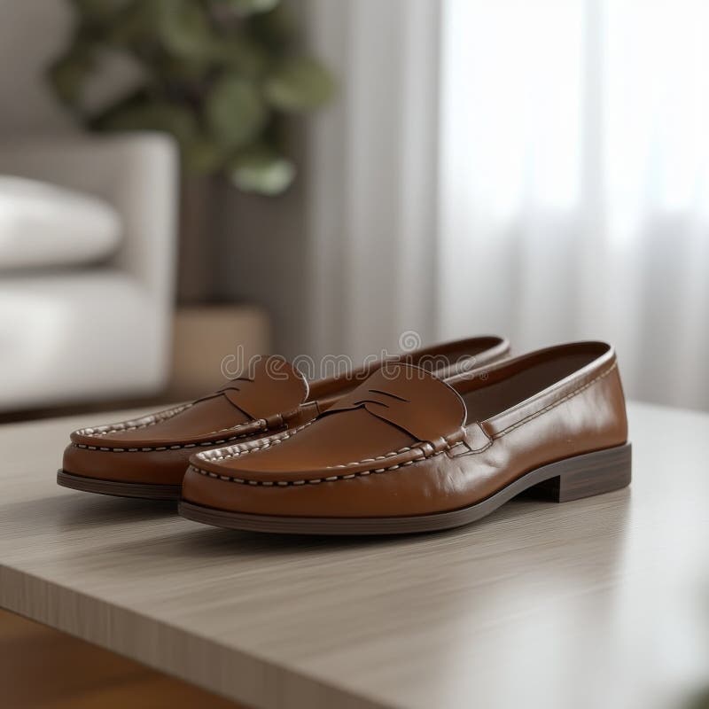 Pair of Brown Leather Men S Shoes on the Table in the Room Stock ...