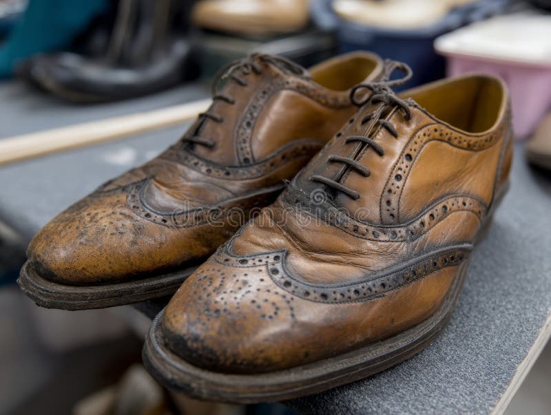 A Pair of Brown Shoes Sitting on Top of a Table Stock Image - Image of ...