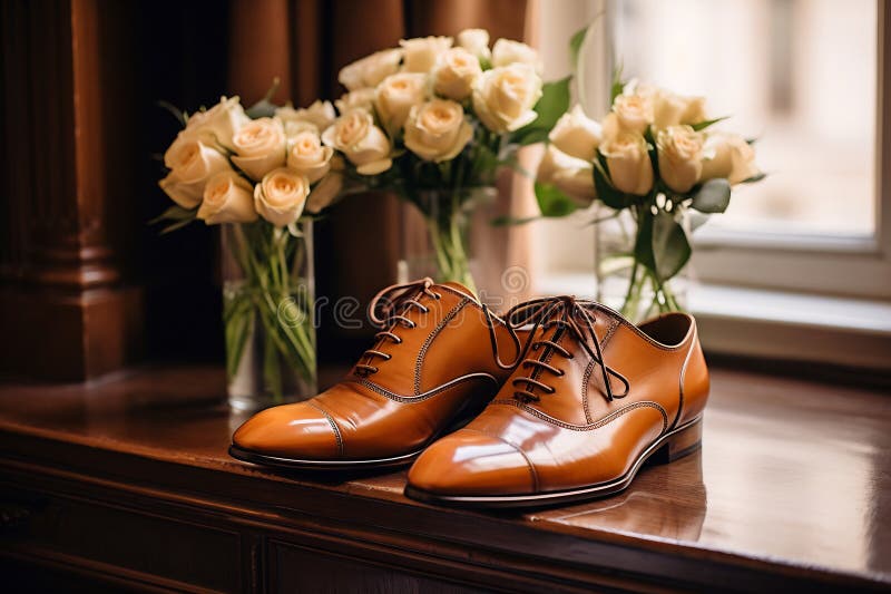Pair of Brown Shoes on Wooden Table Stock Image - Image of leather ...