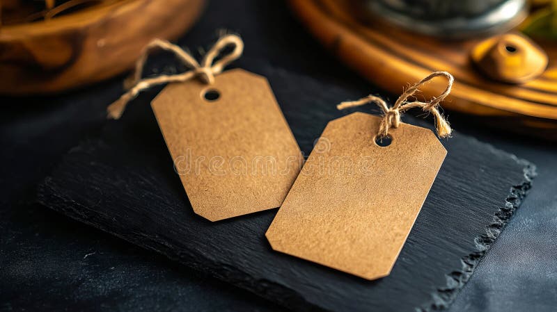 A Pair of Brown Tags Sitting on Top of a Black Slate Board Stock Image ...