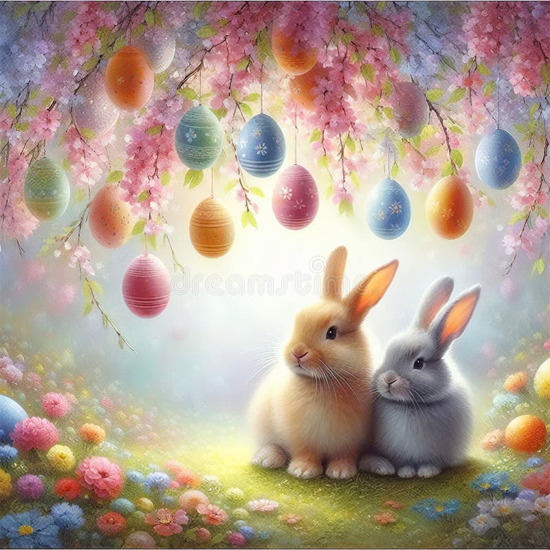 A Pair of Bunnies Beneath a Canopy of Colorful Easter Eggs Stock ...