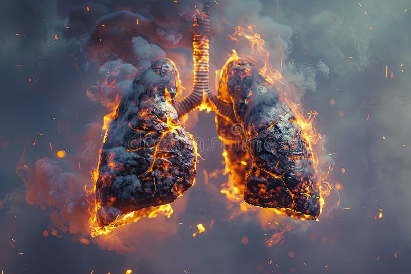 A Pair of Burning Human Lungs Floating in the Air, Surrounded by Smoke ...