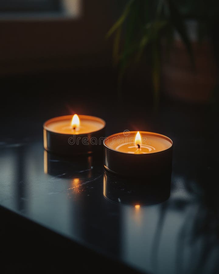 A Pair of Candles Flickering in the Dim Light, Placed on a Sleek Black ...