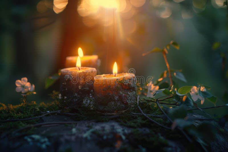 A Pair of Candles Sitting on a Rustic Tree Stump Stock Image - Image of ...