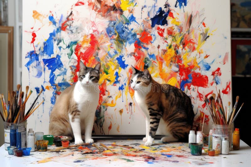 Pair of Cats, Each with Its Own Paintbrush, Creating Abstract Work of ...